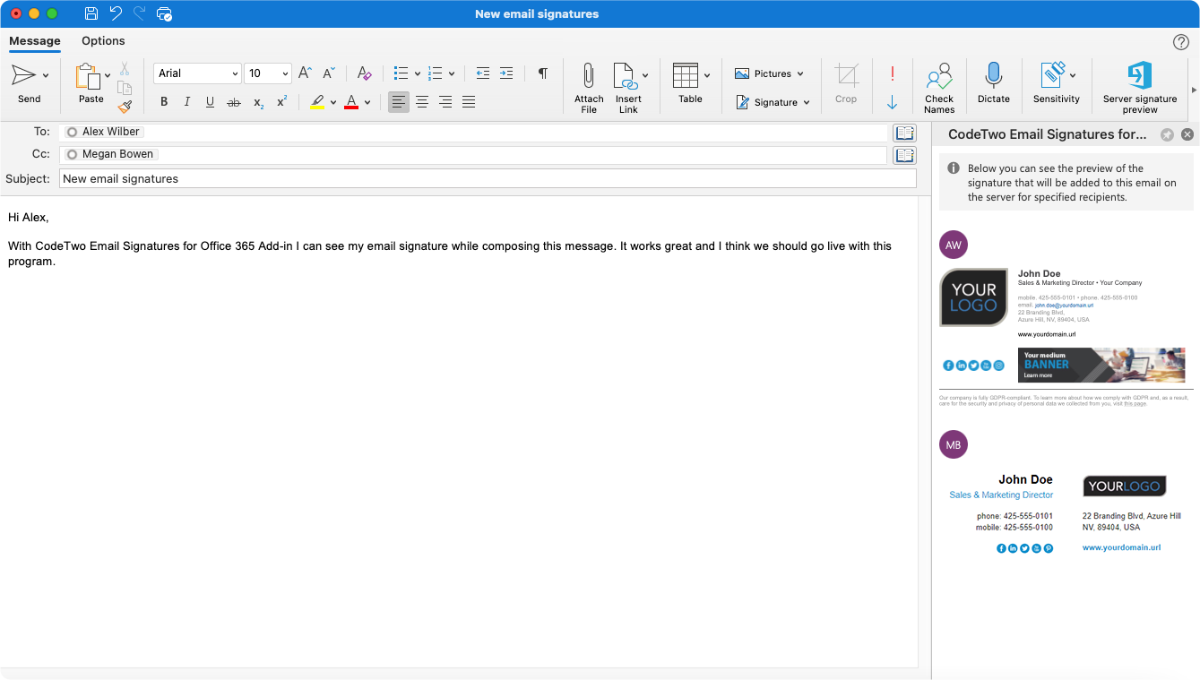 Serverseitige Signaturen sichtbar beim Verfassen von E-Mails.