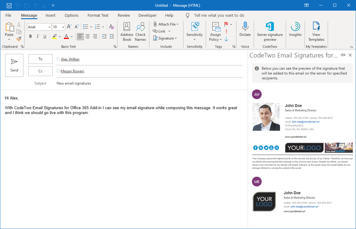 Serverseitige Signaturen sichtbar beim Verfassen von E-Mails.